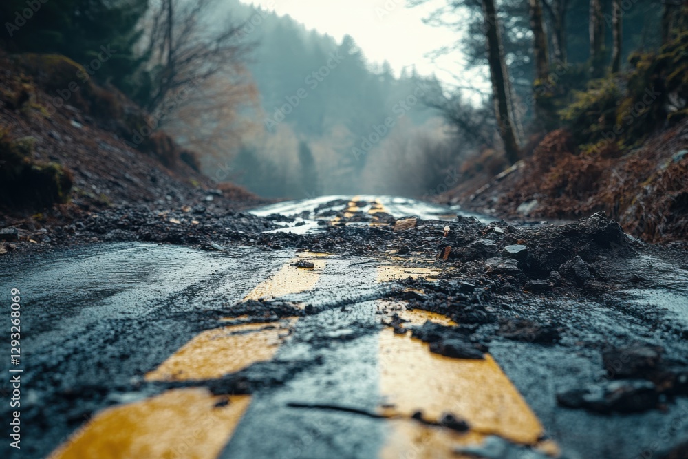 Road Blocked by Landslide Amid Mountain Terrain, disaster affecting ...