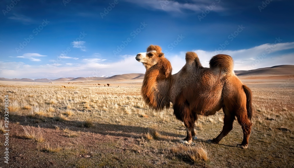 Galloping Bactrian Camel Amidst the Golden Steppe, Capturing the ...