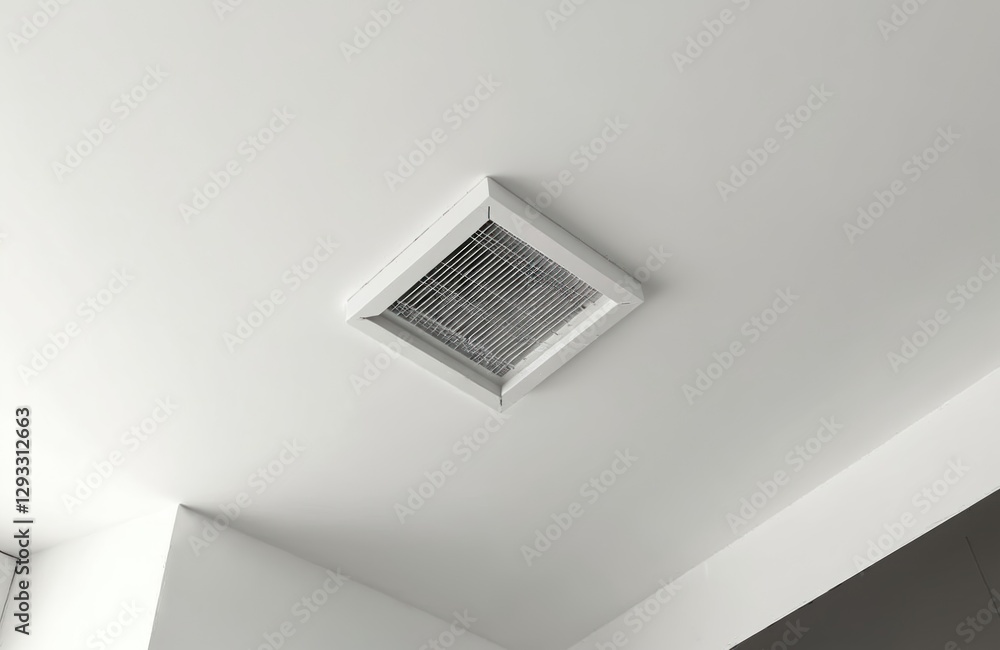 Square ceiling vent. Metal grid air duct. Ventilation system in kitchen ...