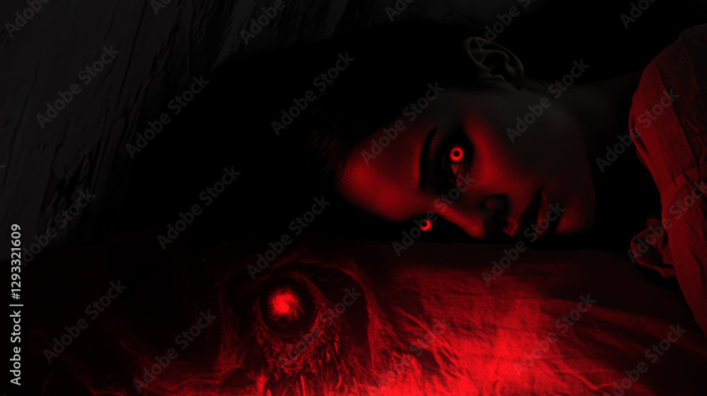 Woman scared nightmare red eyes monster under bed. Bad scary dream with ...
