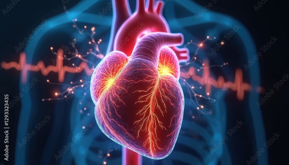 Illustration shows electrical impulse conduction pathway in human heart ...
