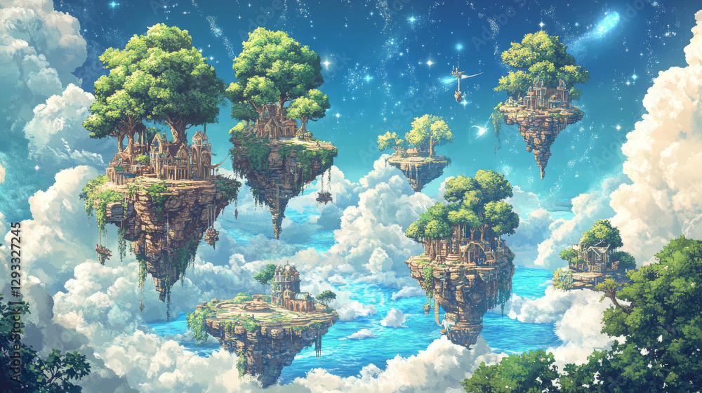 Game ui level map with floating islands with river and waterfall, green ...