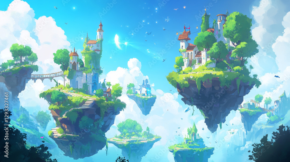 Game ui level map with floating islands with river and waterfall, green ...