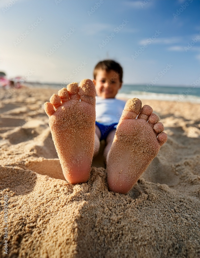 child’s bare feet playfully digging into soft sand at the beach. The ...