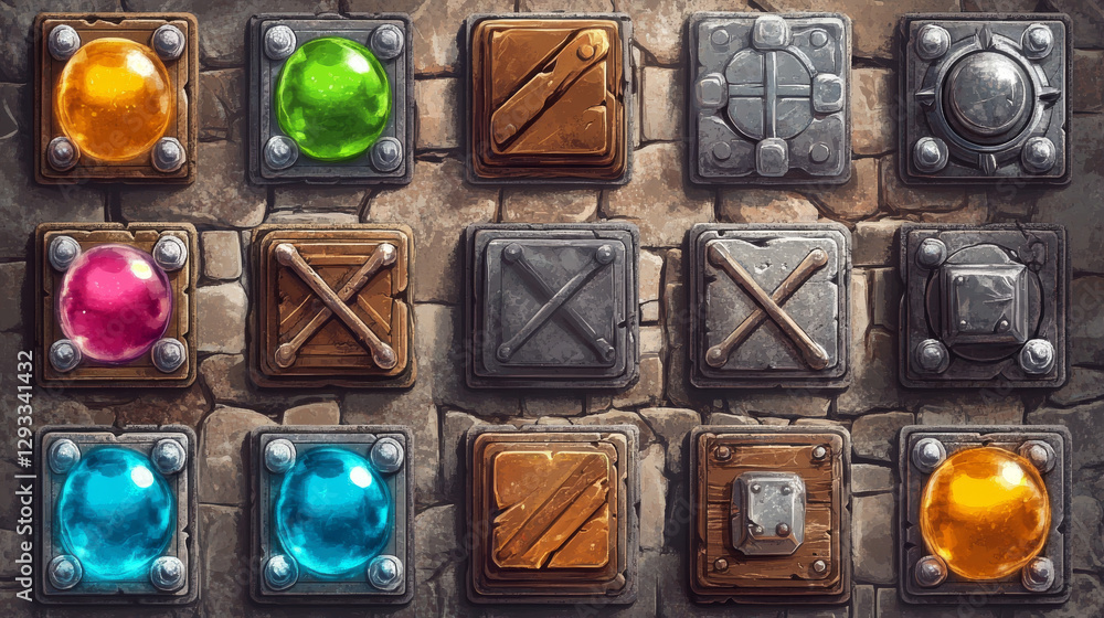Play buttons for game menu interface. Vector cartoon set of active ...