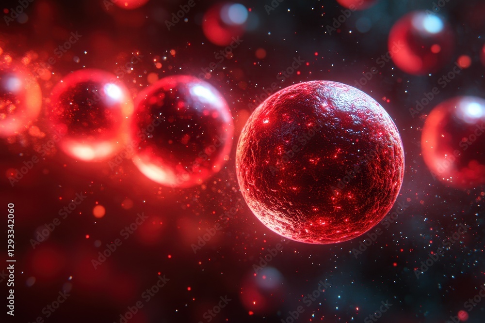 Red glowing cells in a cosmic background showcase the beauty of cellular structure and ...