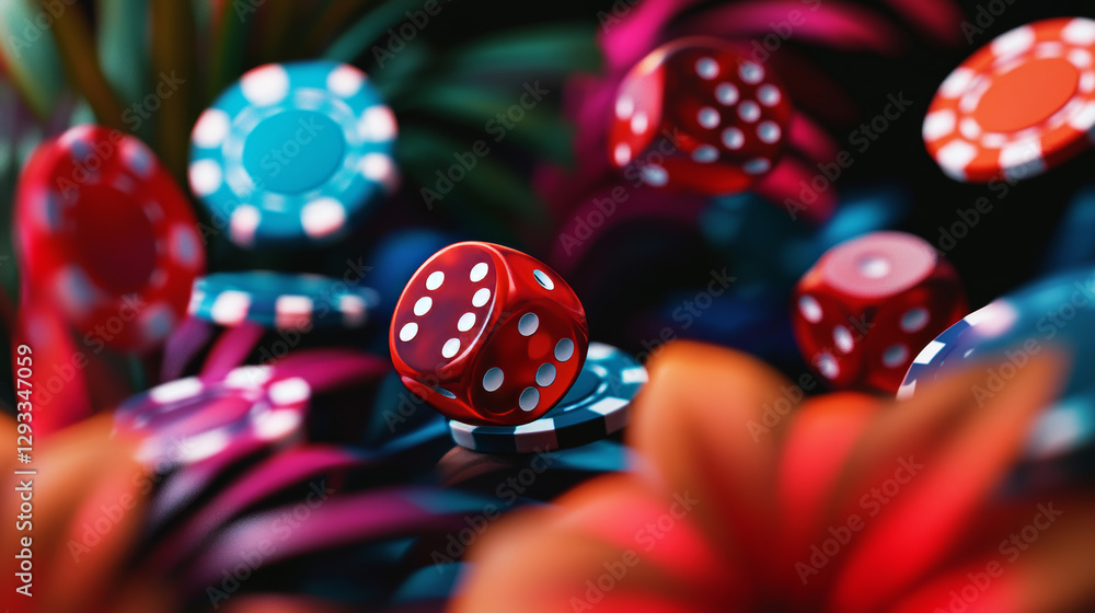 Realistic set of casino chips and dice isolated on green background ...