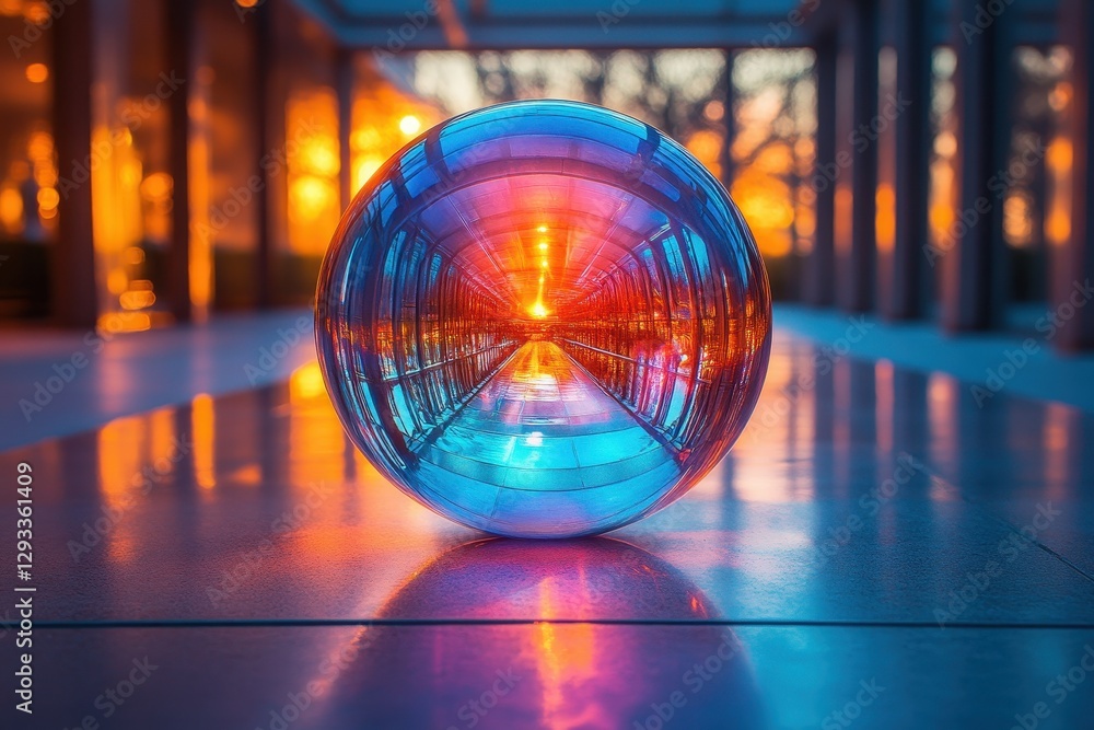 Reflective sphere captures vibrant sunset colors in a modern ...