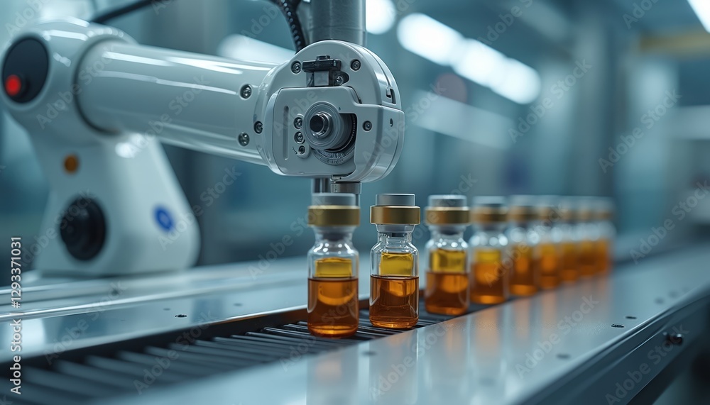 Robotic arm places vials on conveyor in cleanroom. Automation precision ...