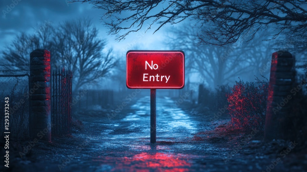 Red No Entry Sign, Dark Woods, Gate, Night, Warning Stock Illustration ...