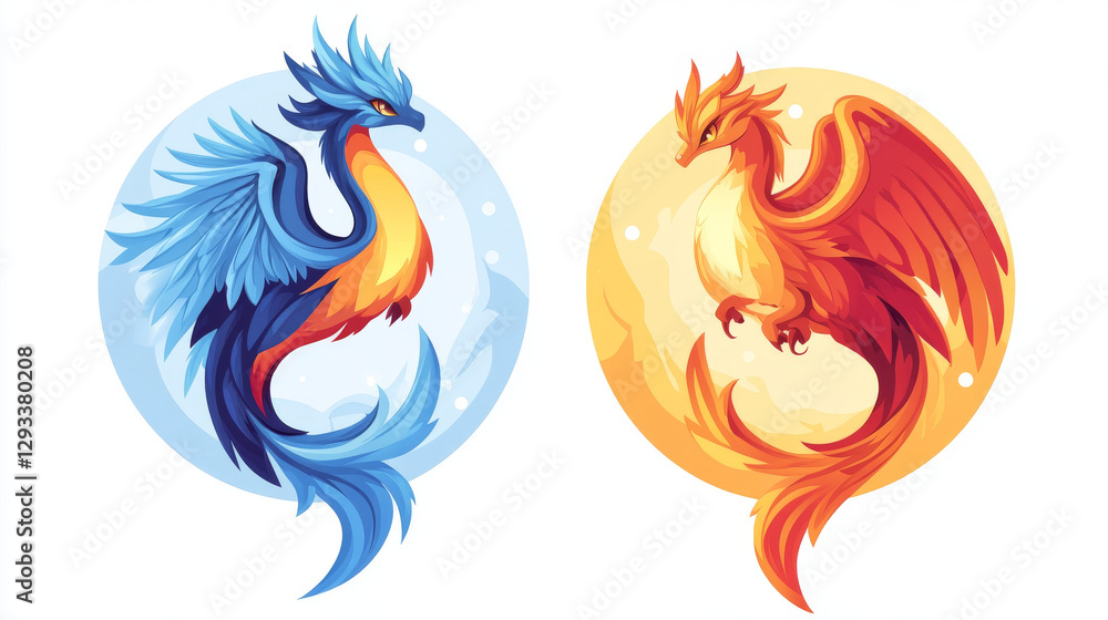 Fantasy creatures, phoenix and hippogriff. Fire bird and mythical ...