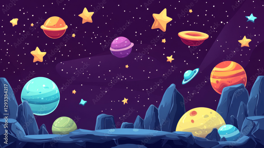 Space game level background with platforms. Vector cartoon illustration ...