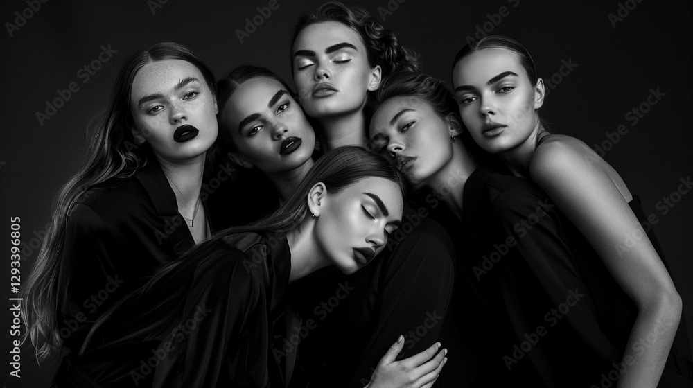 Group of fashion models monochrome portrait image. Six elegant ...
