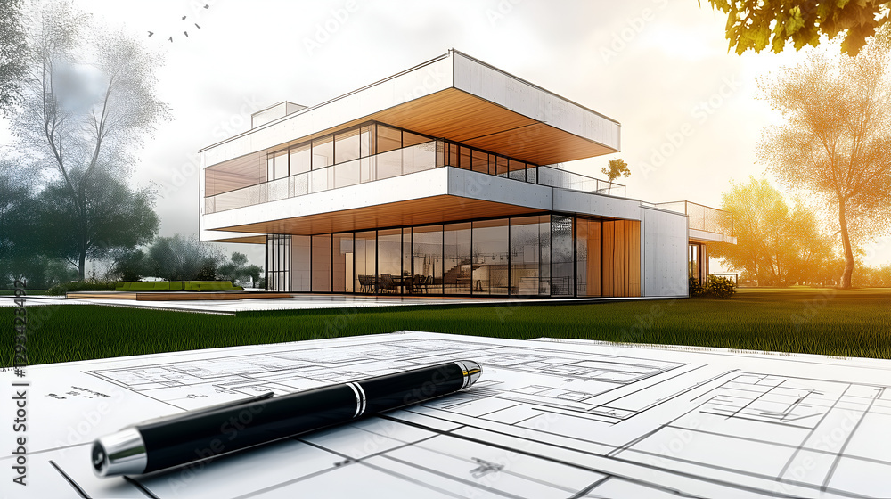 Luxury Home Architectural Visualization with Technical Drawings Stock ...