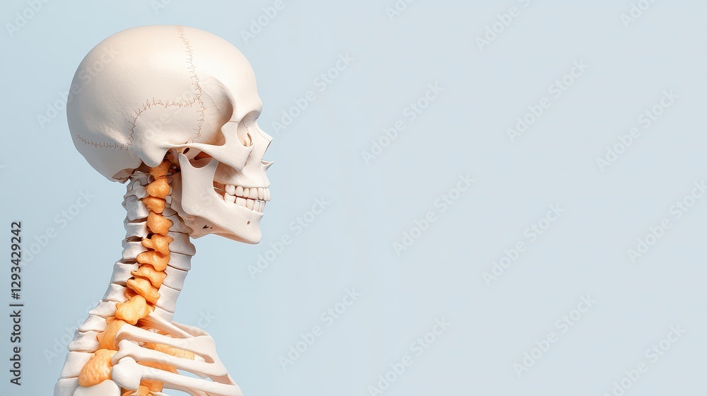 Detailed view of a human skull and cervical spine, bone structure ...