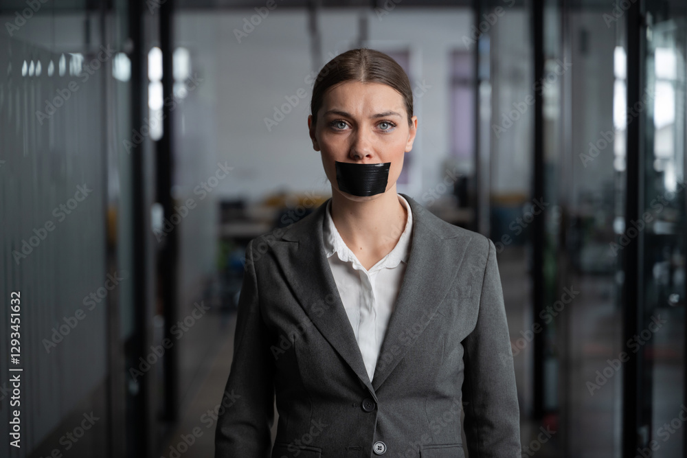 Professional woman in business attire with black tape covering her ...