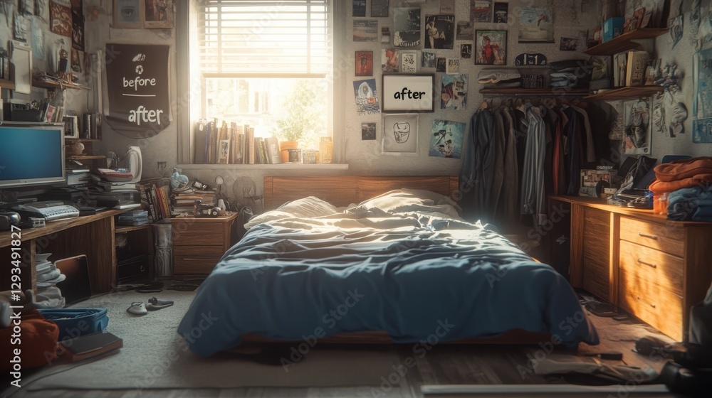 Transformative before after image of cluttered bedroom "before" section ...