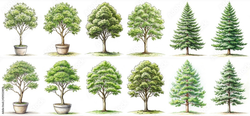 A series of trees are shown in various stages of growth, from small ...