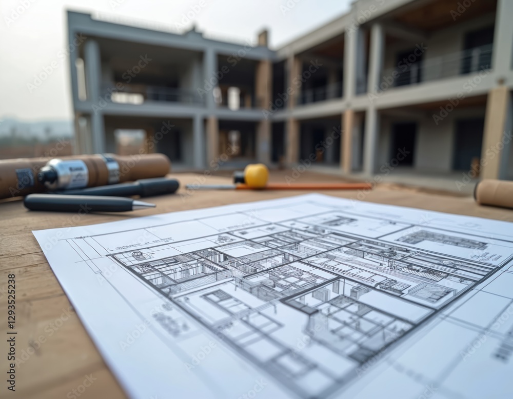 Blueprint of building under construction on table with tools ...