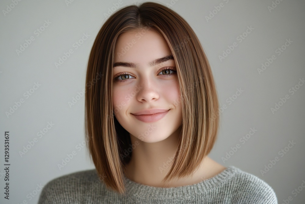 Beautiful model woman with shiny brown and straight hair .Short ...