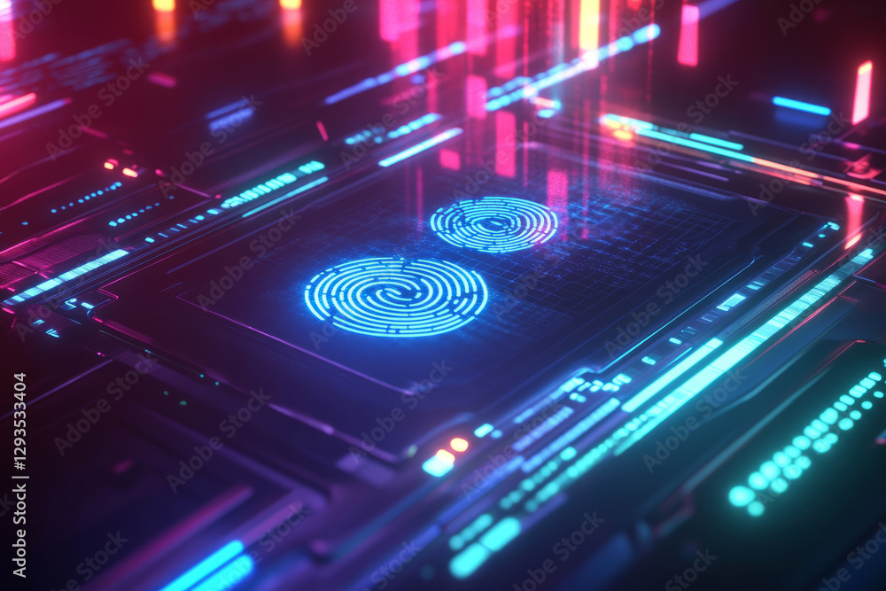 A futuristic biometric scanner, displaying glowing holographic fingerprints, cybernetic ...