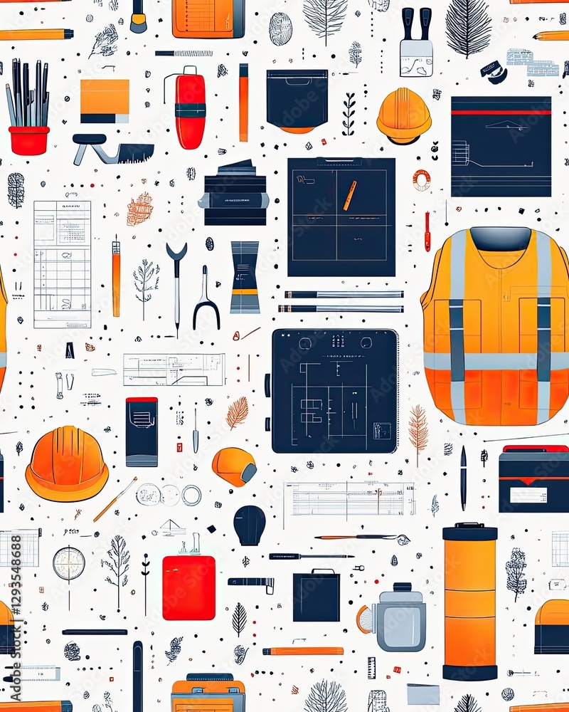 Construction tools pattern illustration, featuring a detailed ...