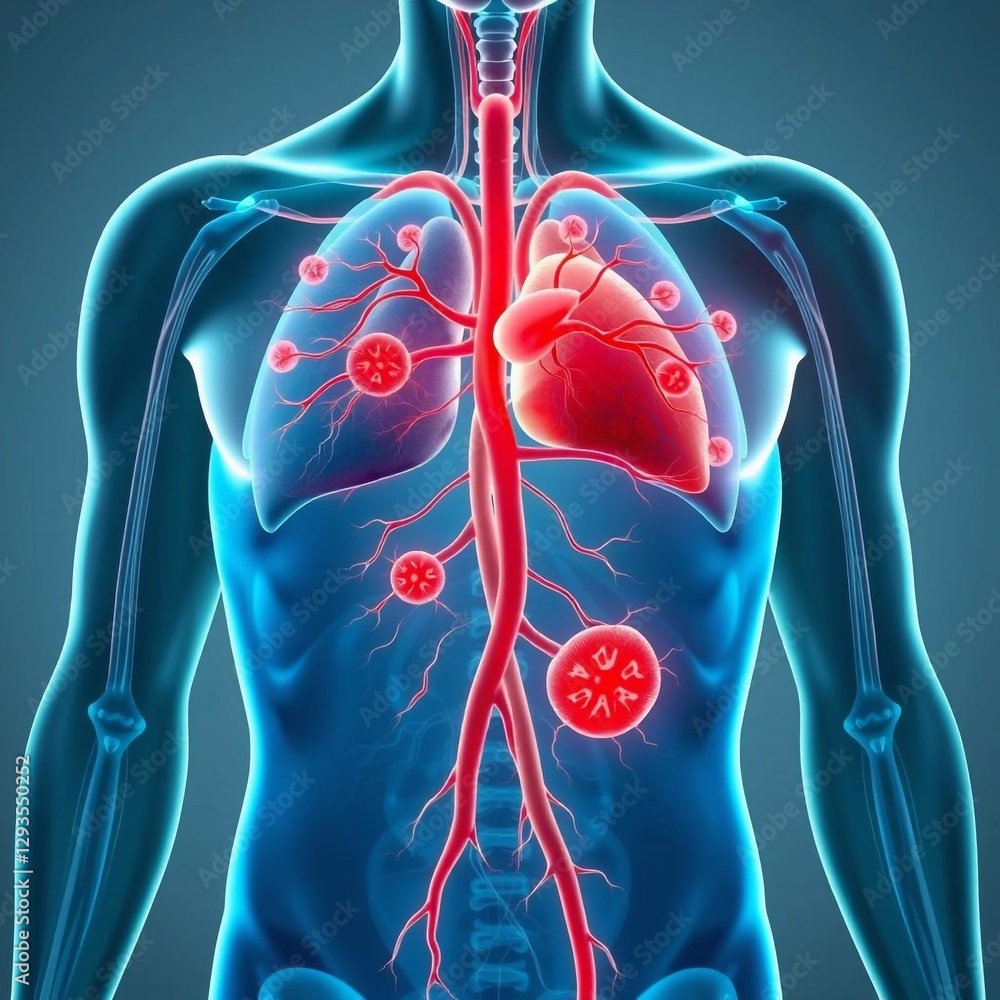 Anatomical illustration of the human lymphatic system with inflamed ...