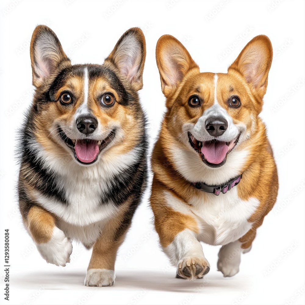 Lively moment captured of two dogs racing side by side in a green field ...