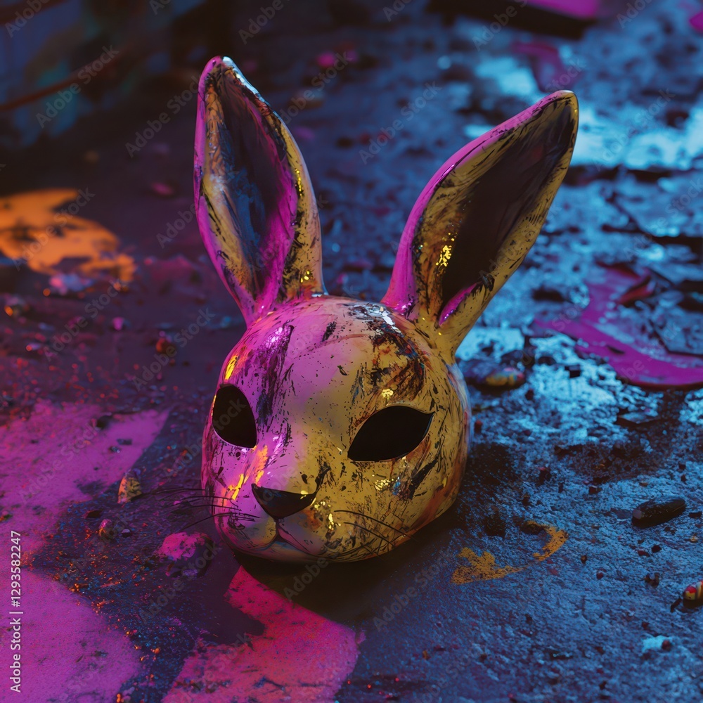 Broken Easter bunny mask lying in a puddle of neon paint, urban street ...