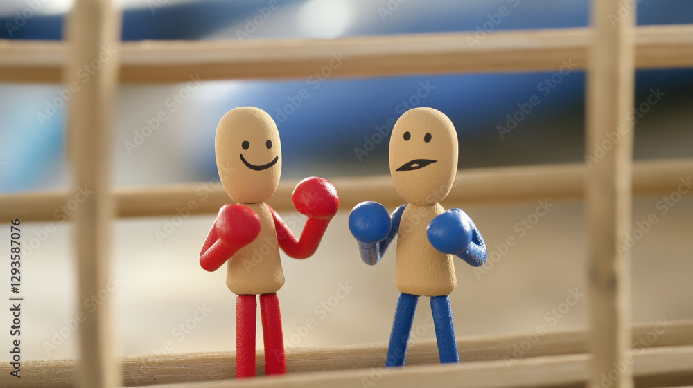 Two tiny matchstick men face off in a small matchstick boxing ring—one ...