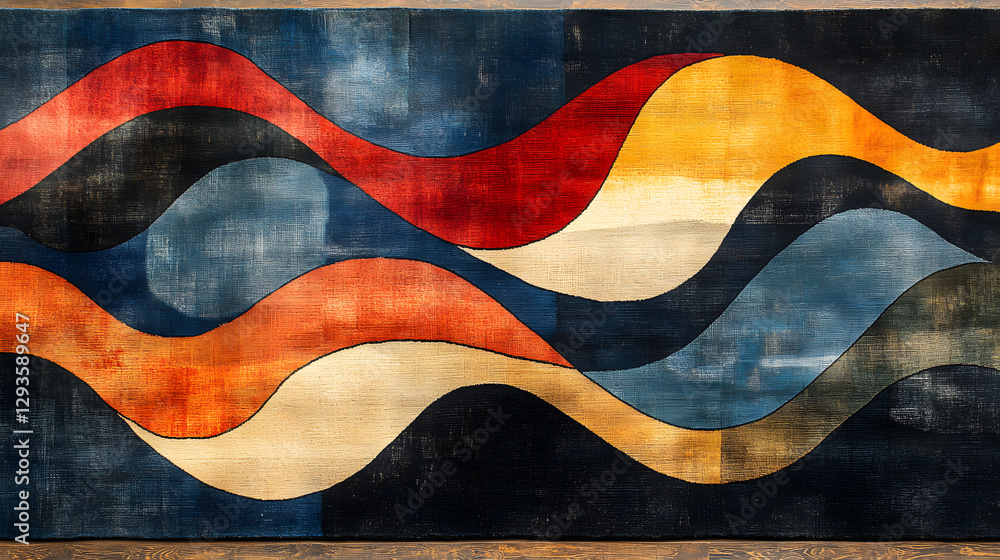 Vibrant Wave Rug: An abstract rug features dynamic wave patterns in a ...