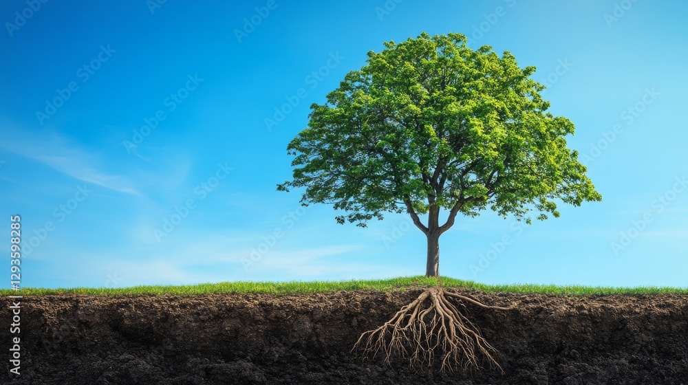 Tree with exposed roots on cross-section of soil and clear blue sky ...