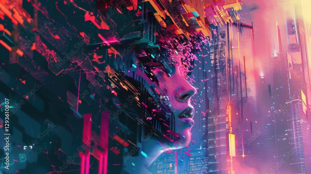 Abstract of complex glitch with broken pixel effect in cyber background ...