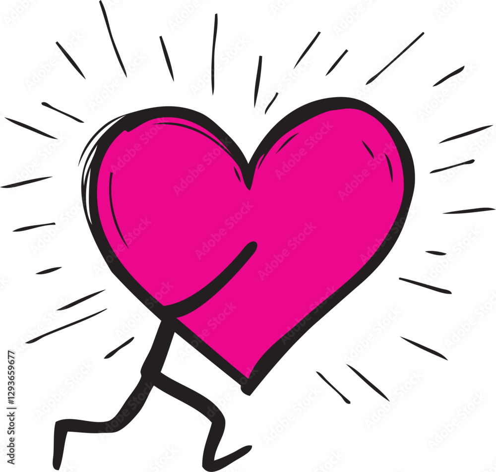 vector illustration of running person holding big pink heart, black ...