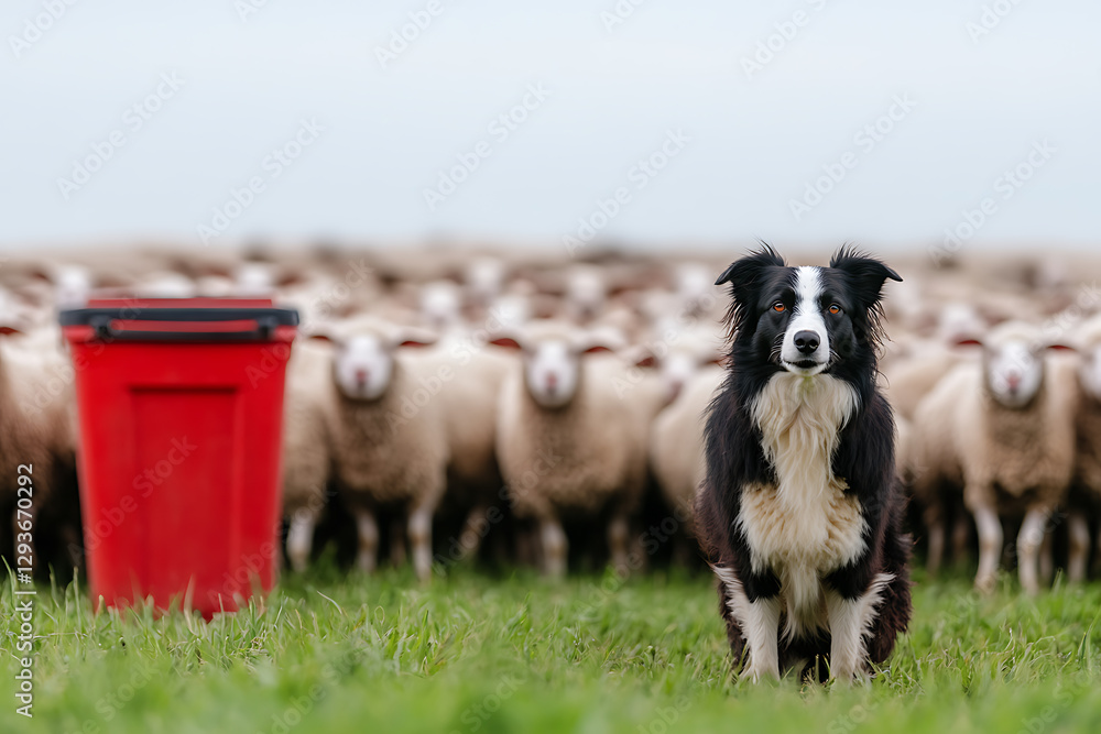 Herding Dog in the field with sheep with red container, outdoors. This ...