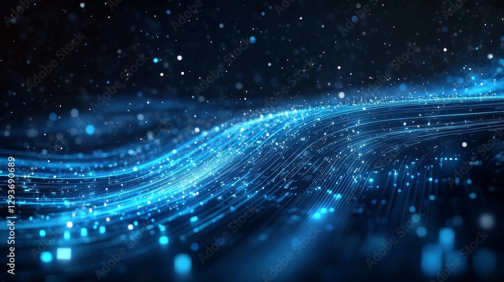 dark blue background, a white curved particle light trail, like the ...