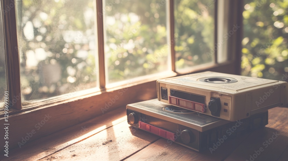 A cozy 80s-inspired living room with a vintage television, VHS tapes ...