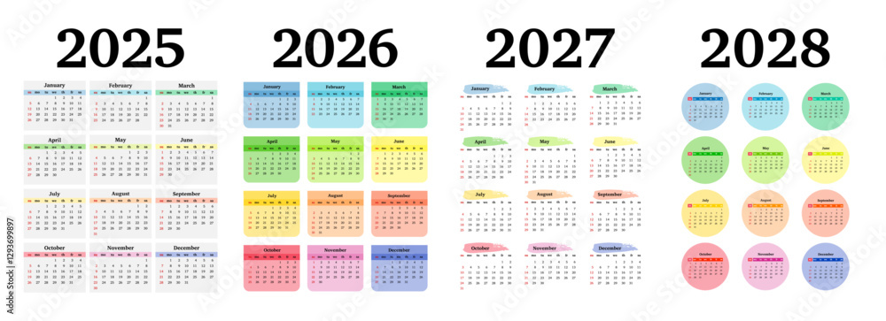 Set of calendars for 2025, 2026, 2027 and 2028 on a white background ...