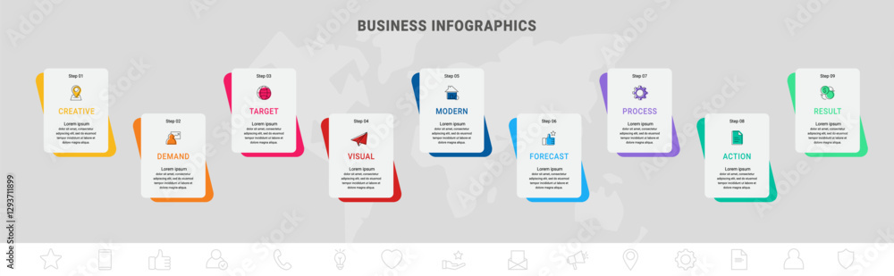 Vector line infographics with 9 rectangles. Business concept graphic ...