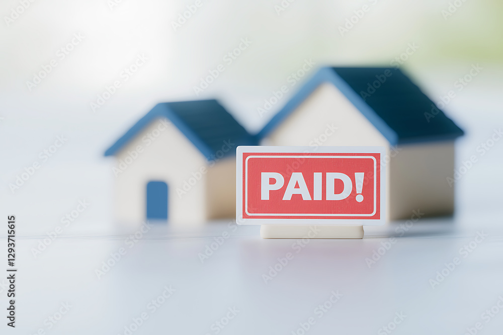Paid Off Home: Two miniature houses stand behind a red sign that says ...