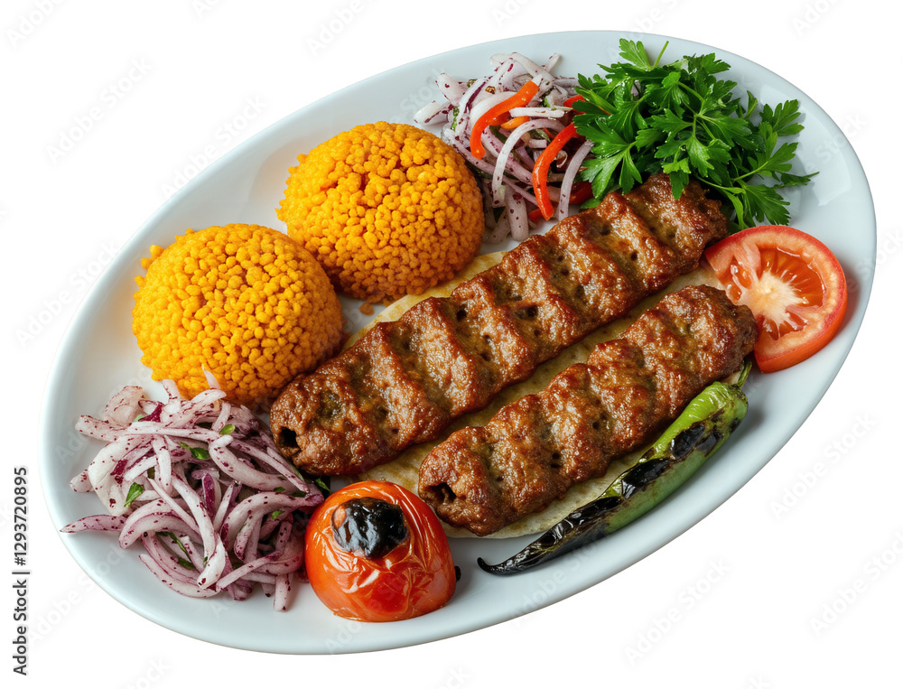 Turkish adana kebap plate with bulgur and vegetables - Turkish cuisine ...