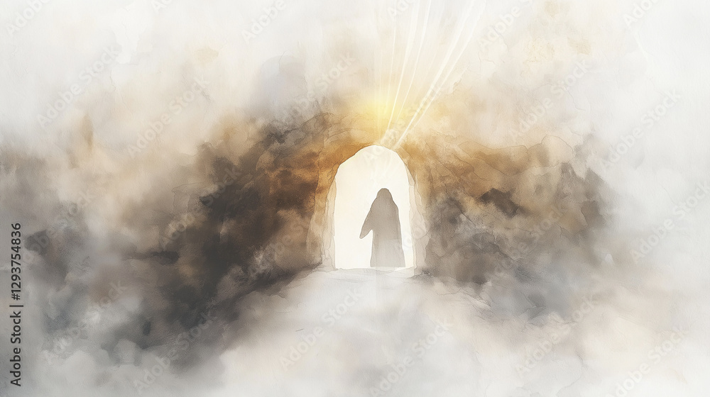 Jesus Christ Resurrection crowded people, float on cloud. Cross, sheep ...