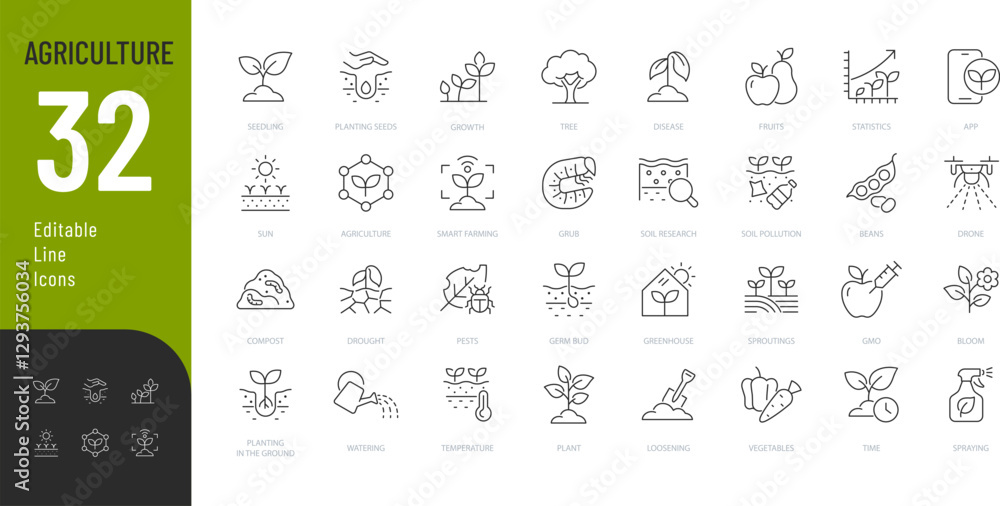 Agriculture Line Editable Icons set. Vector illustration in modern thin line style of agronomy ...