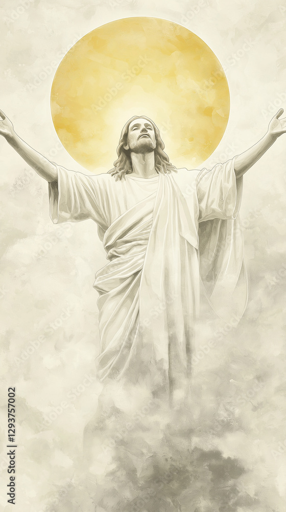 Jesus Christ Resurrection crowded people, float on cloud. Cross, sheep ...