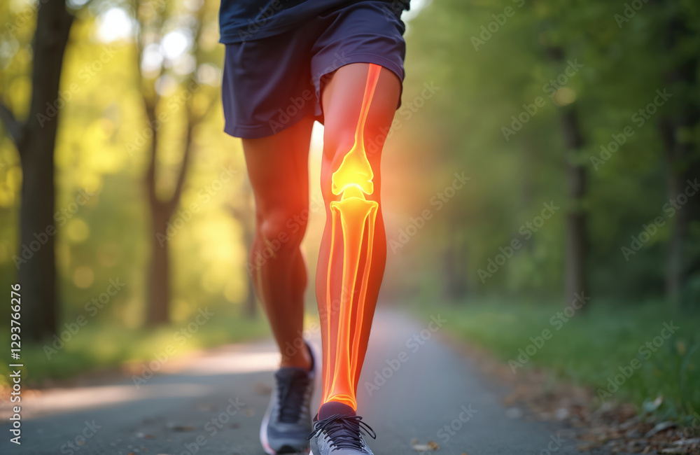 Runner experiences knee pain running outdoor. Highlighted skeleton ...