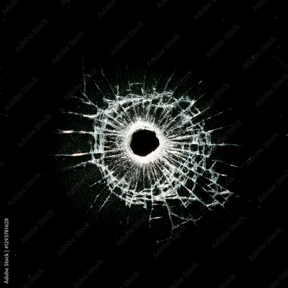 Broken glass with central impact and radial cracks on a black ...