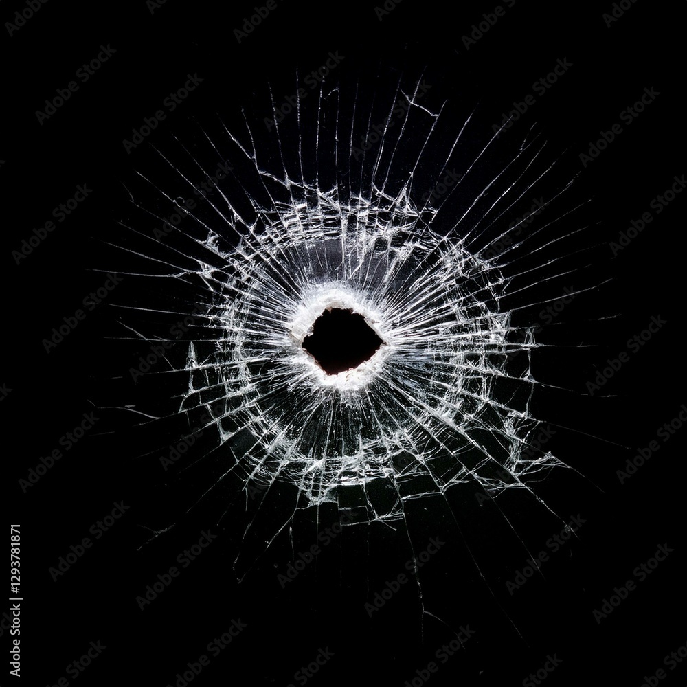 StructureBroken glass with central impact and radial cracks on a black ...