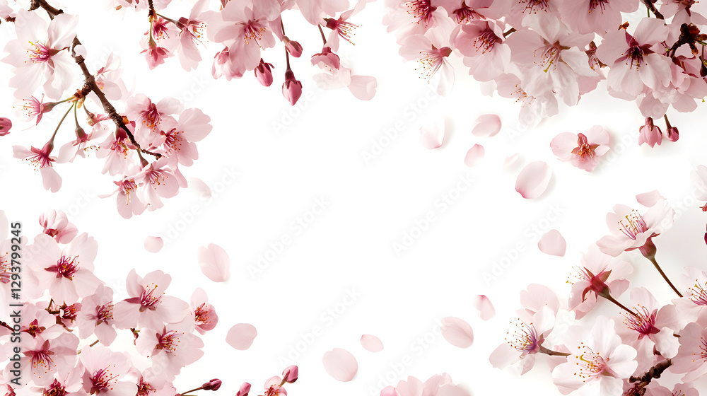 White background, white flowers on the left side of the image, spring ...