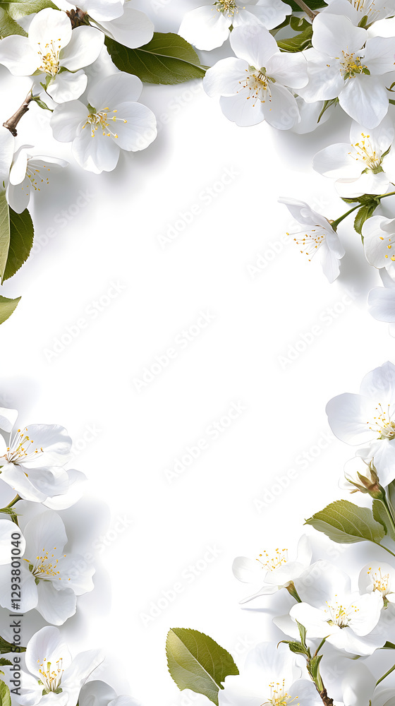 White background, white flowers on the left side of the image, spring ...