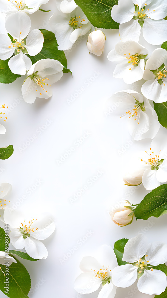 White background, white flowers on the left side of the image, spring ...